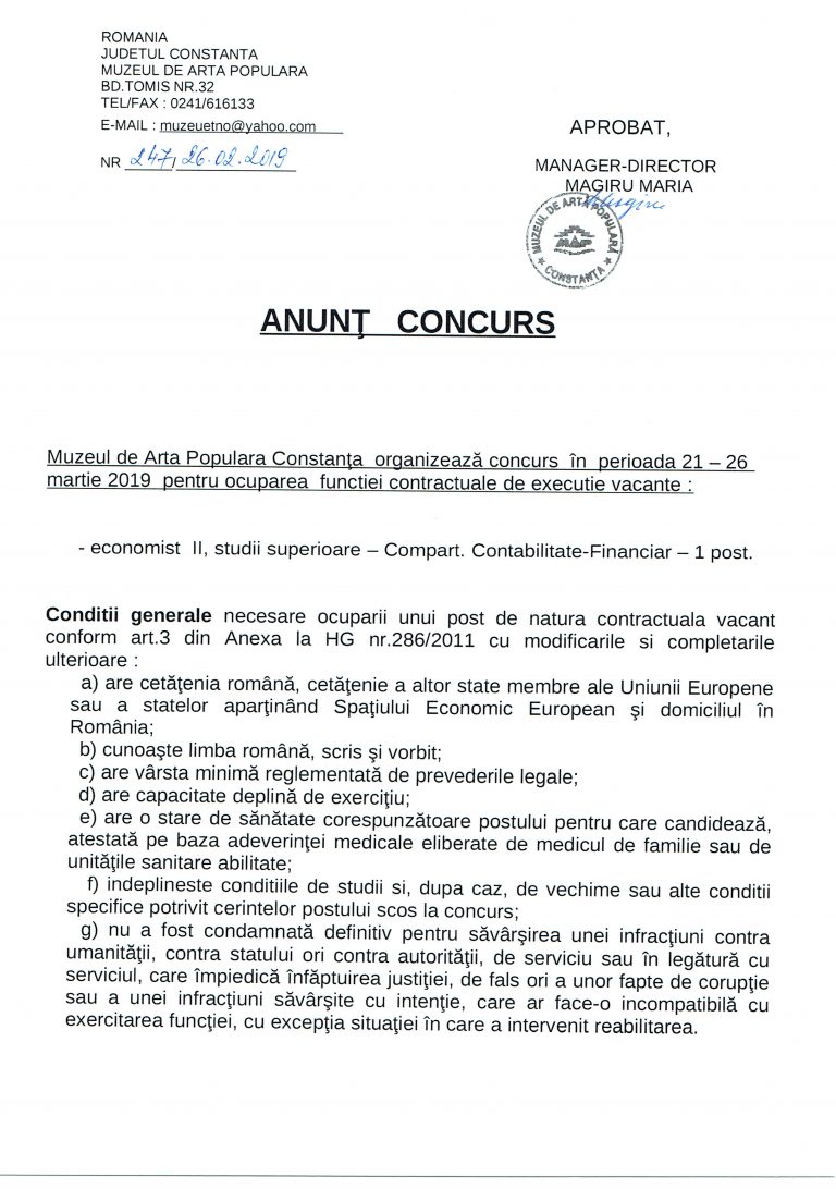 Anunt Angajare Concurs Economist II. Bibliografie si tematica. – Muzeul ...